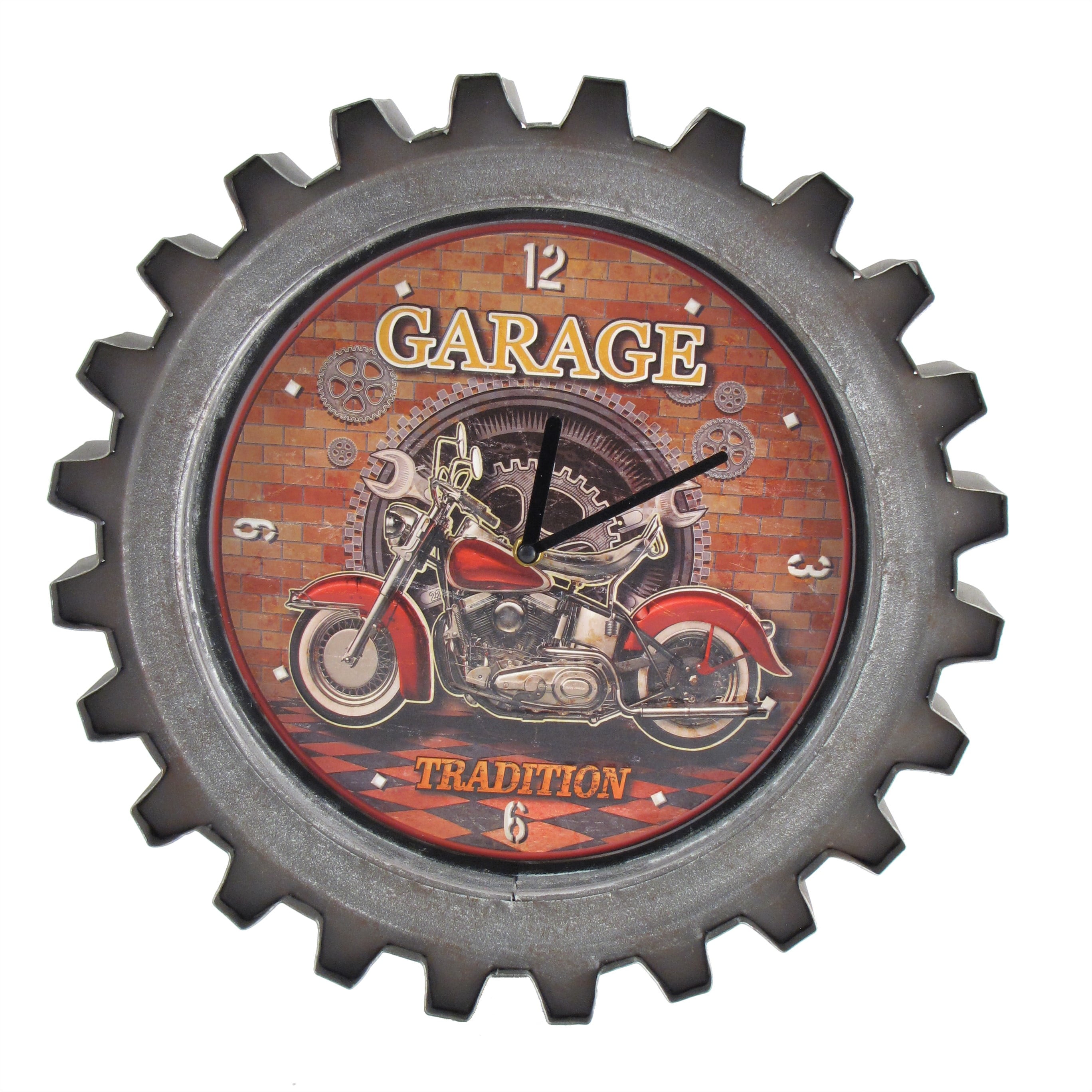 "Red Garage" Motorcycle Themed Gear Shaped Wall Clock with LED Lights