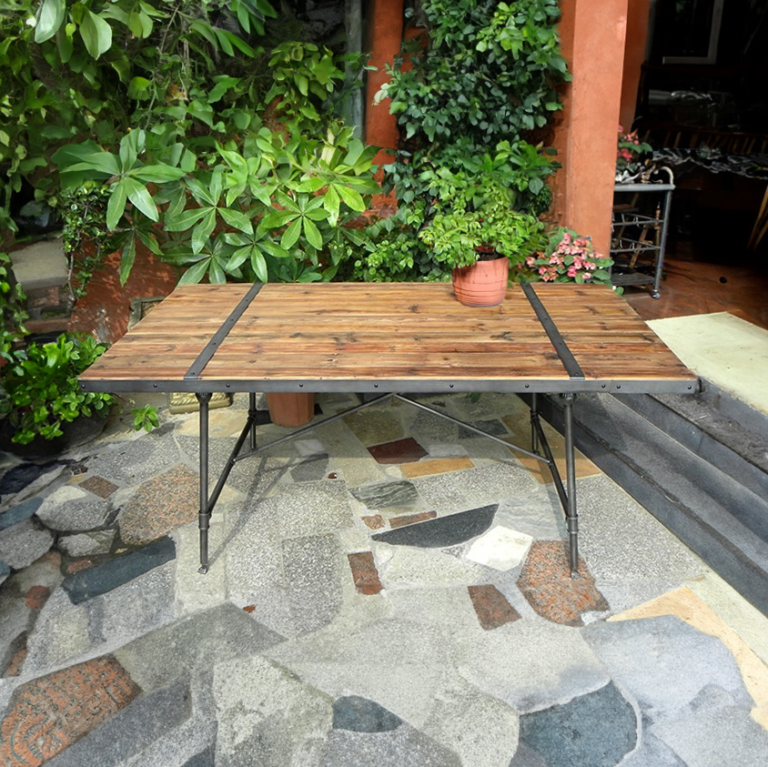 Classic Wooden Top Iron Table with Metal Trim
