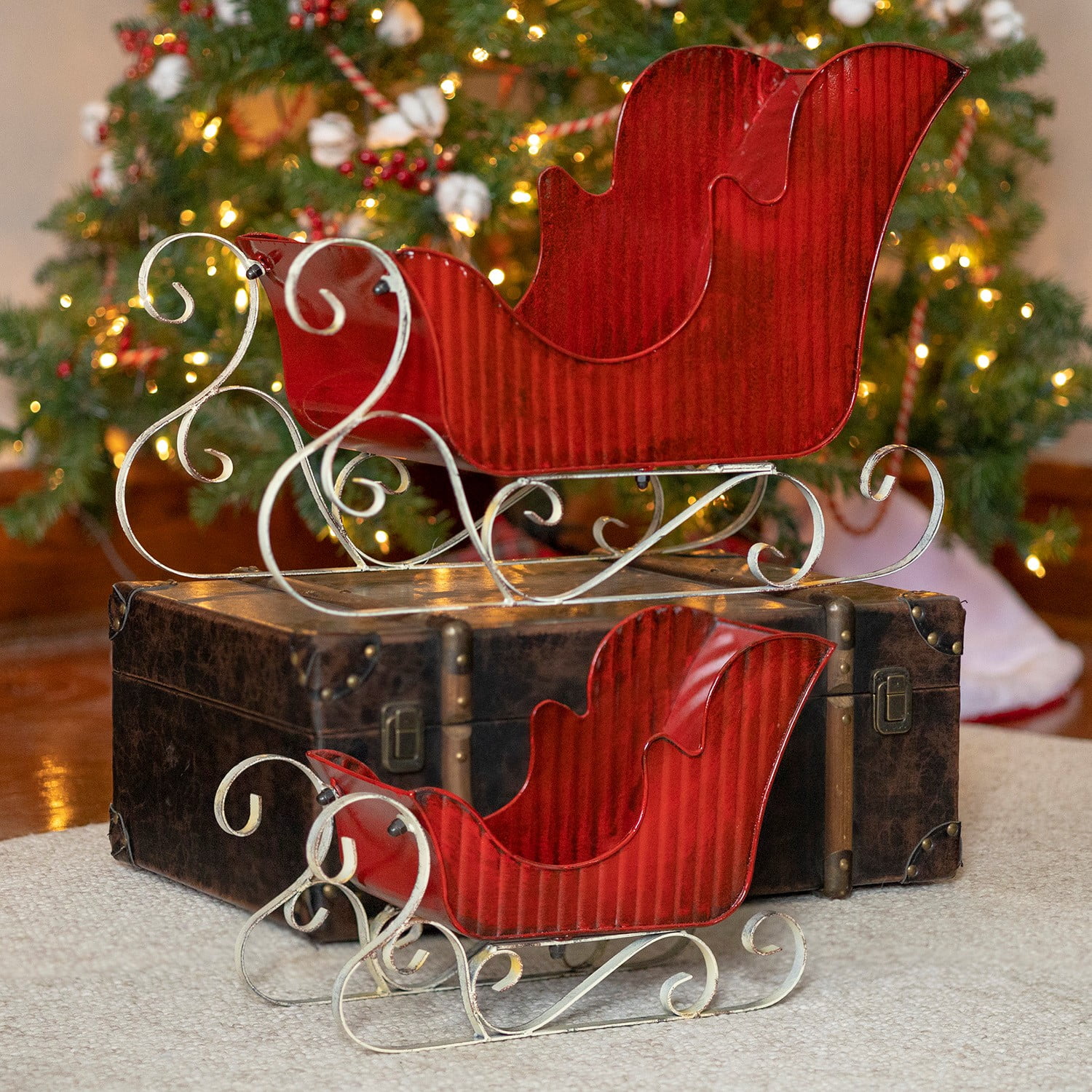 Set of 2 Victorian Style Red Iron Sleighs - Lesera