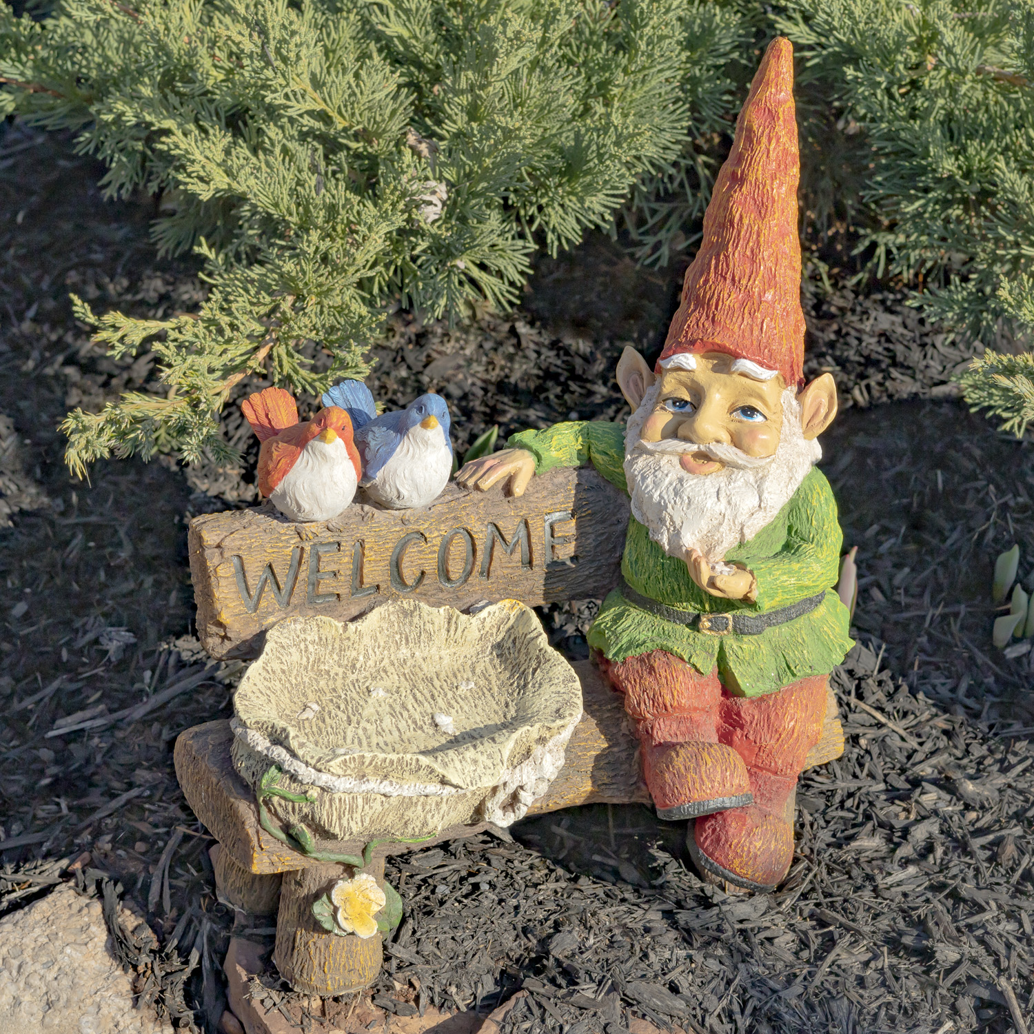 15.35" Tall Garden Gnome with Welcome Sign & Birdbath - Lesera
