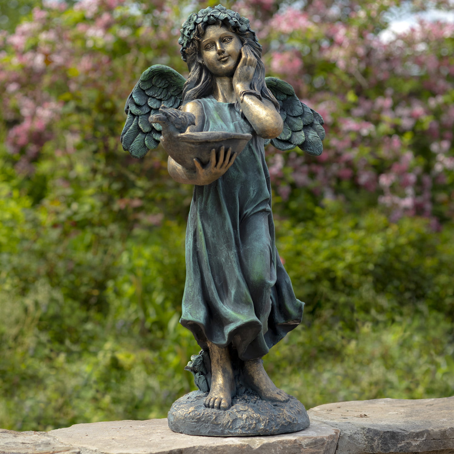 39" Tall Magnesium Angel Statue with Birdbath "Jazmin" - Lesera