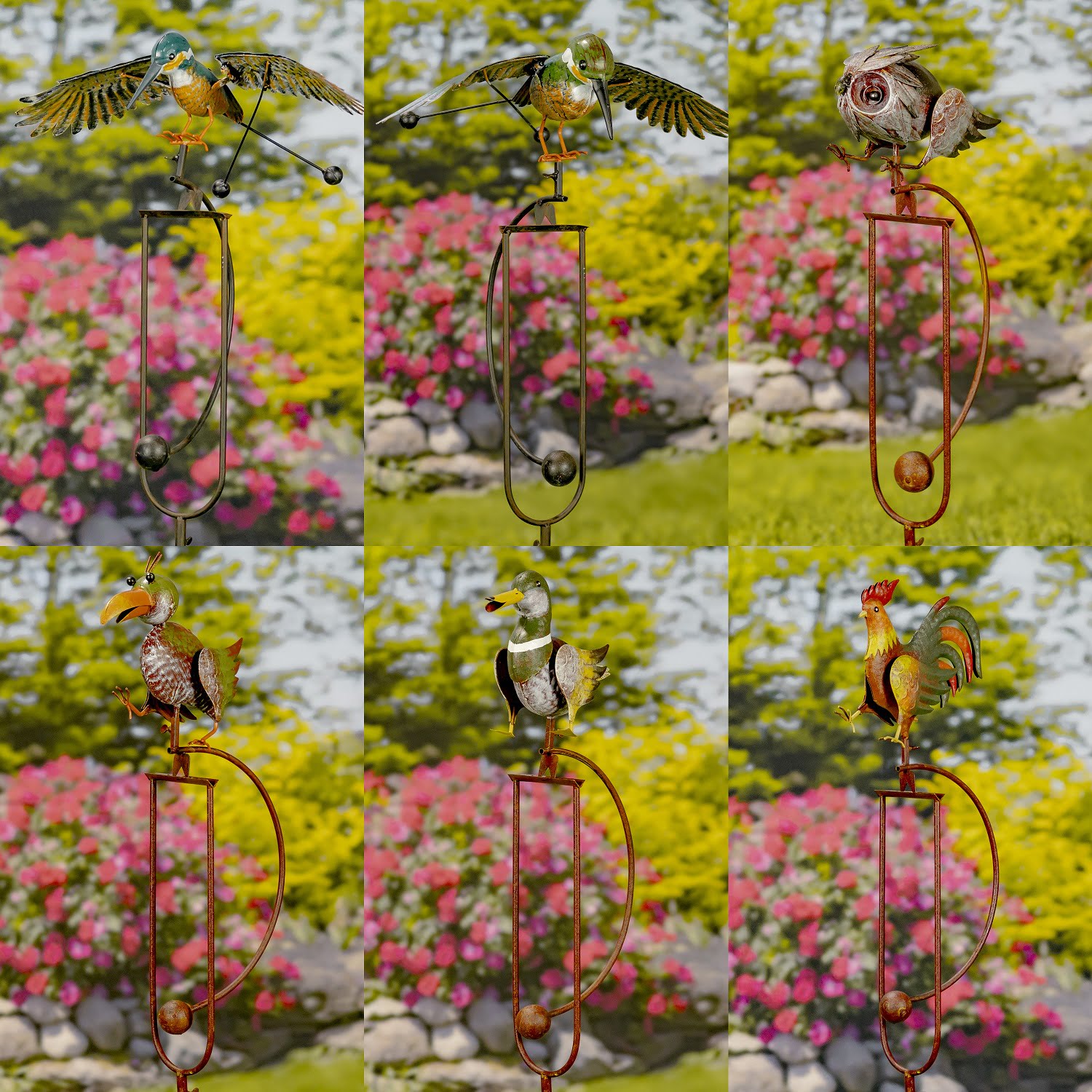 Set of Six 4.5ft. Tall Assorted Bird Metal Rocking Stakes - Lesera