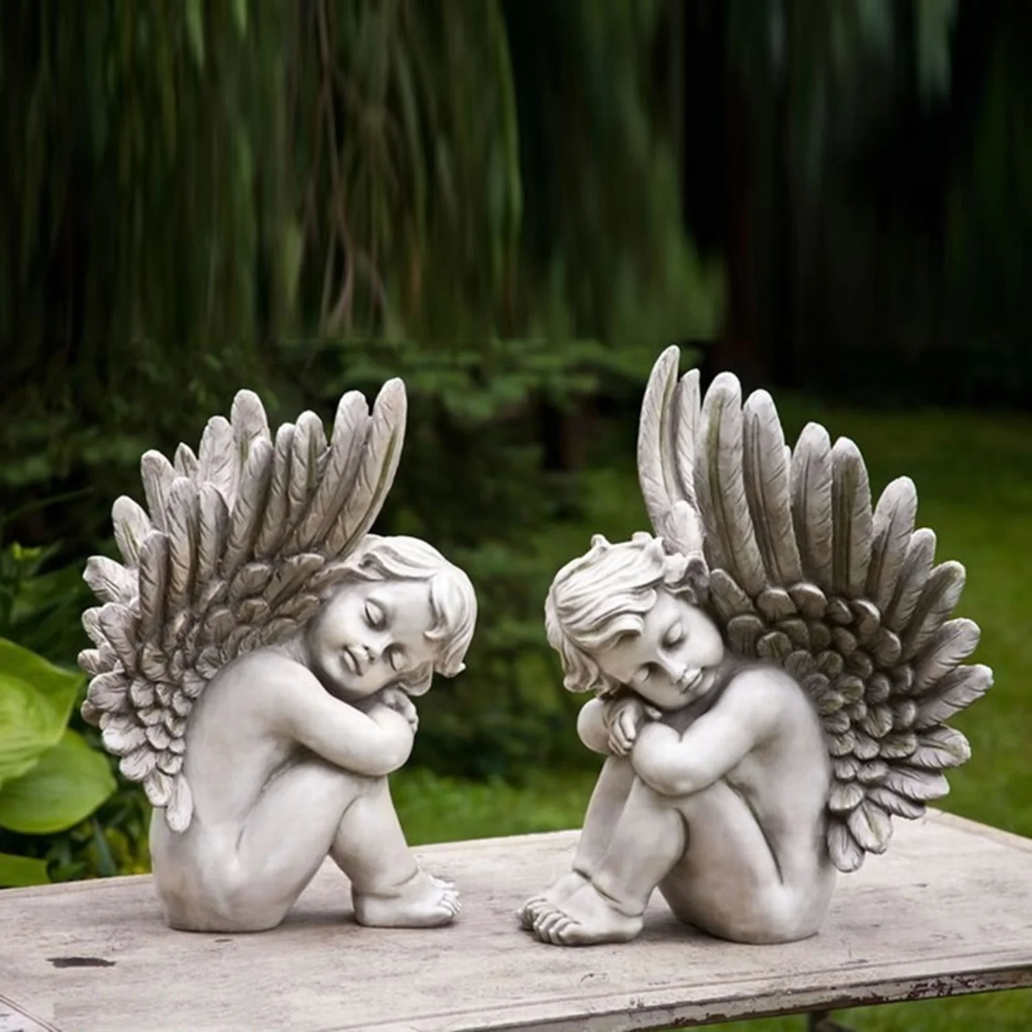 Set of 2 20" tall sitting cherub statues "Thomas & James"