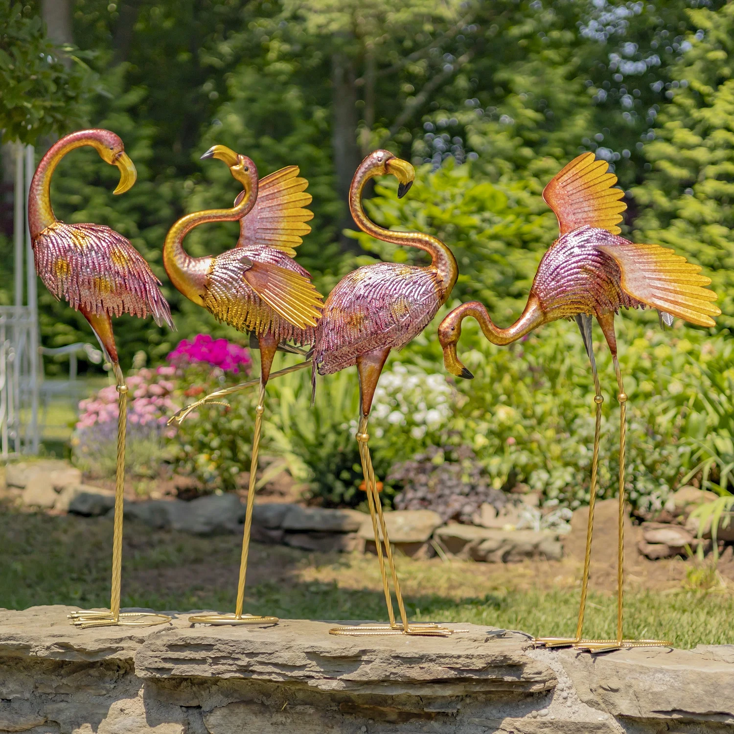 42" Tall Set of 4 Metallic Pink Iron Flamingo Outdoor Decorations - Lesera