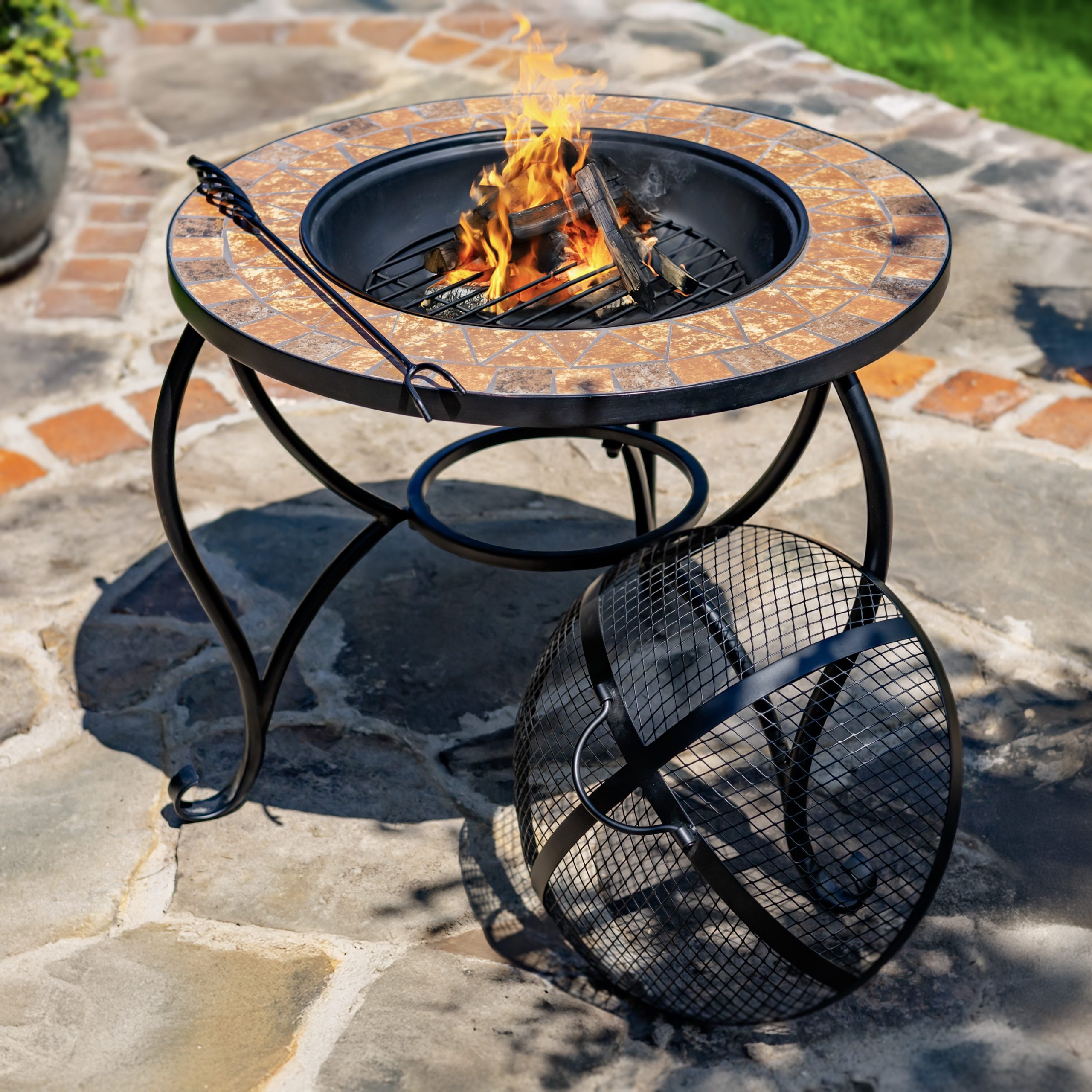 "Shenandoah" Large Mosaic Fire Pit Tile Metal 32.6"D. Round - Lesera