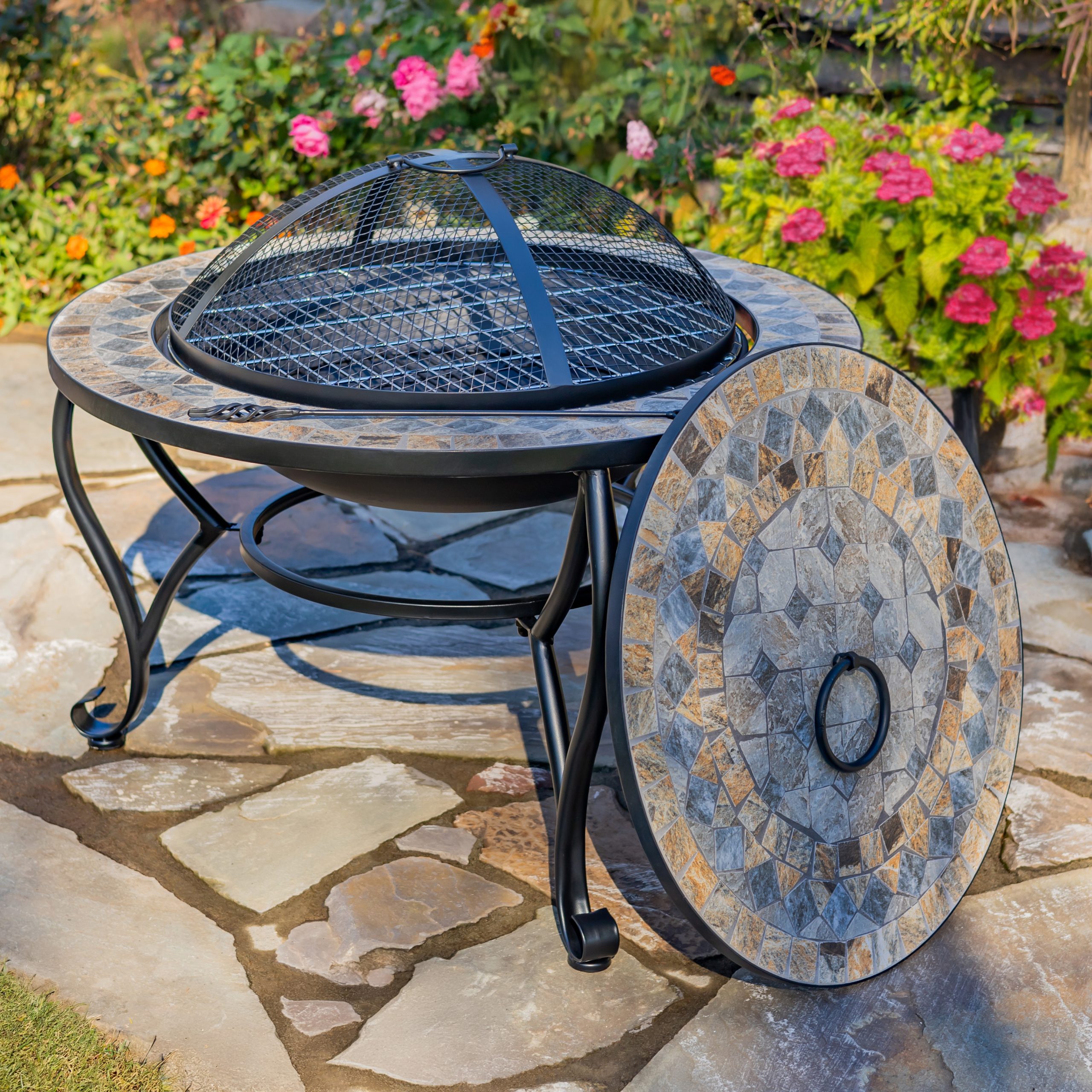 "Medora" Large Mosaic Fire Pit Tile Metal 32.6″D. Round - Lesera