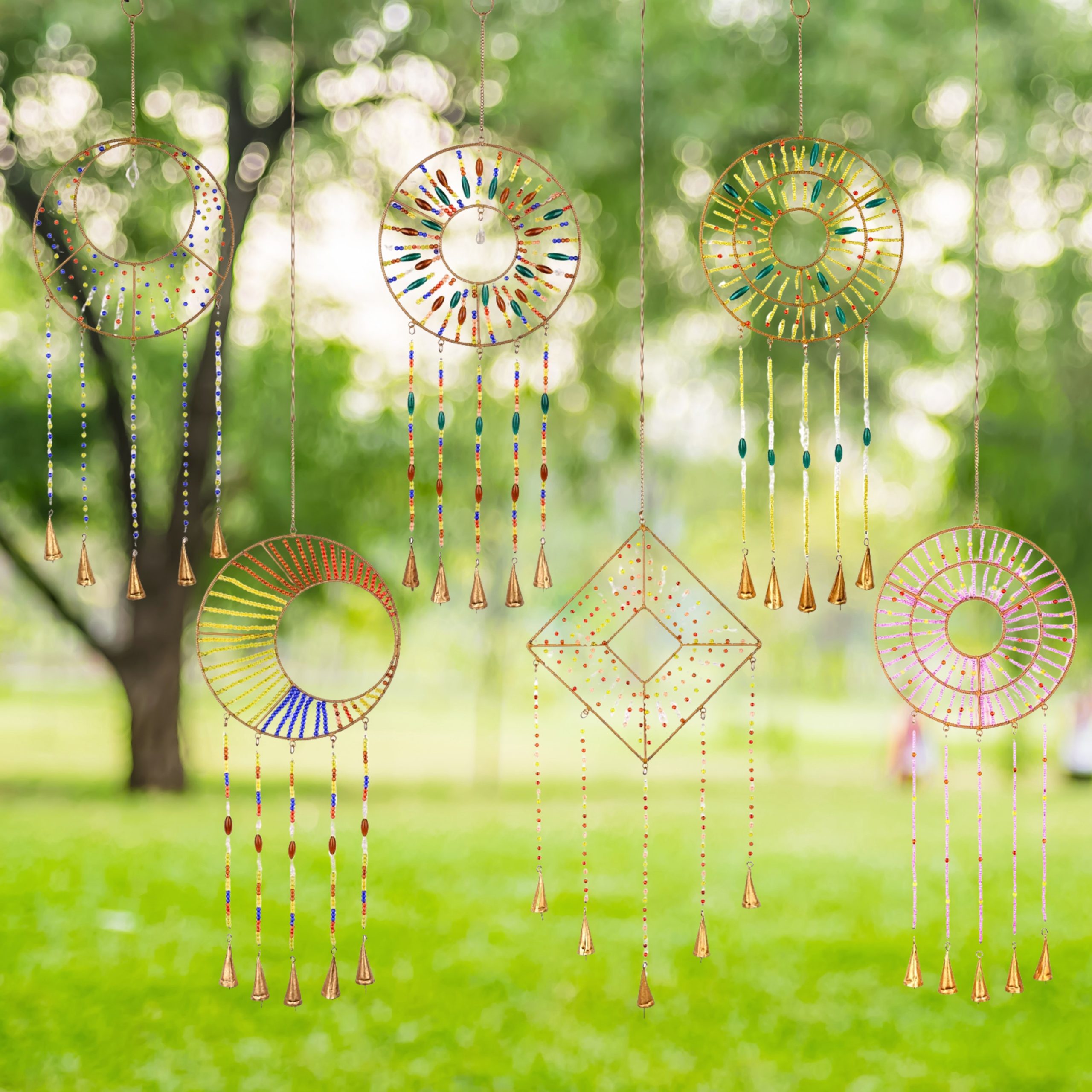 6 Assorted Colorful Hand Beaded Metal Wind Chimes with Bells - Lesera