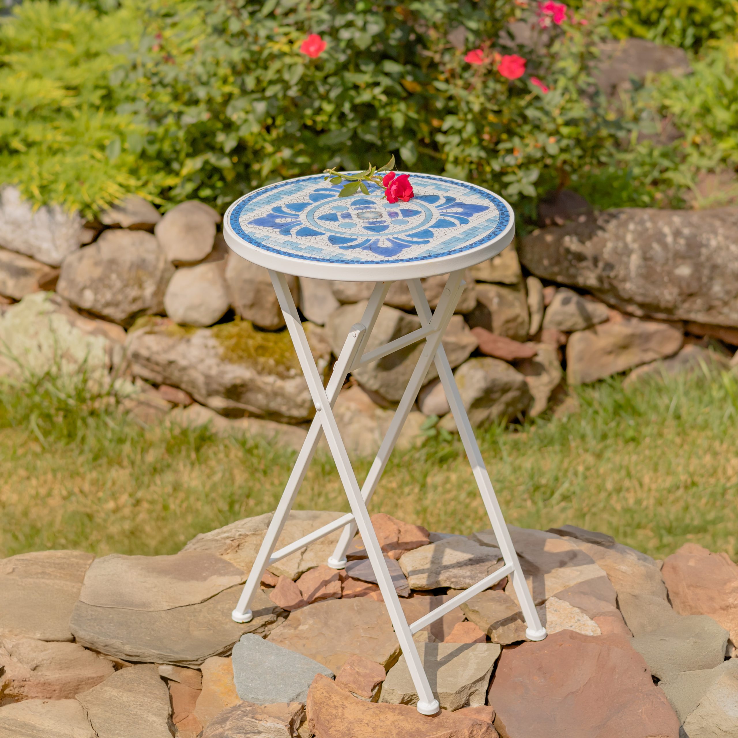 "Cape May" 23in. Tall Mosaic Folding Plant Stand - White & Blue - Lesera