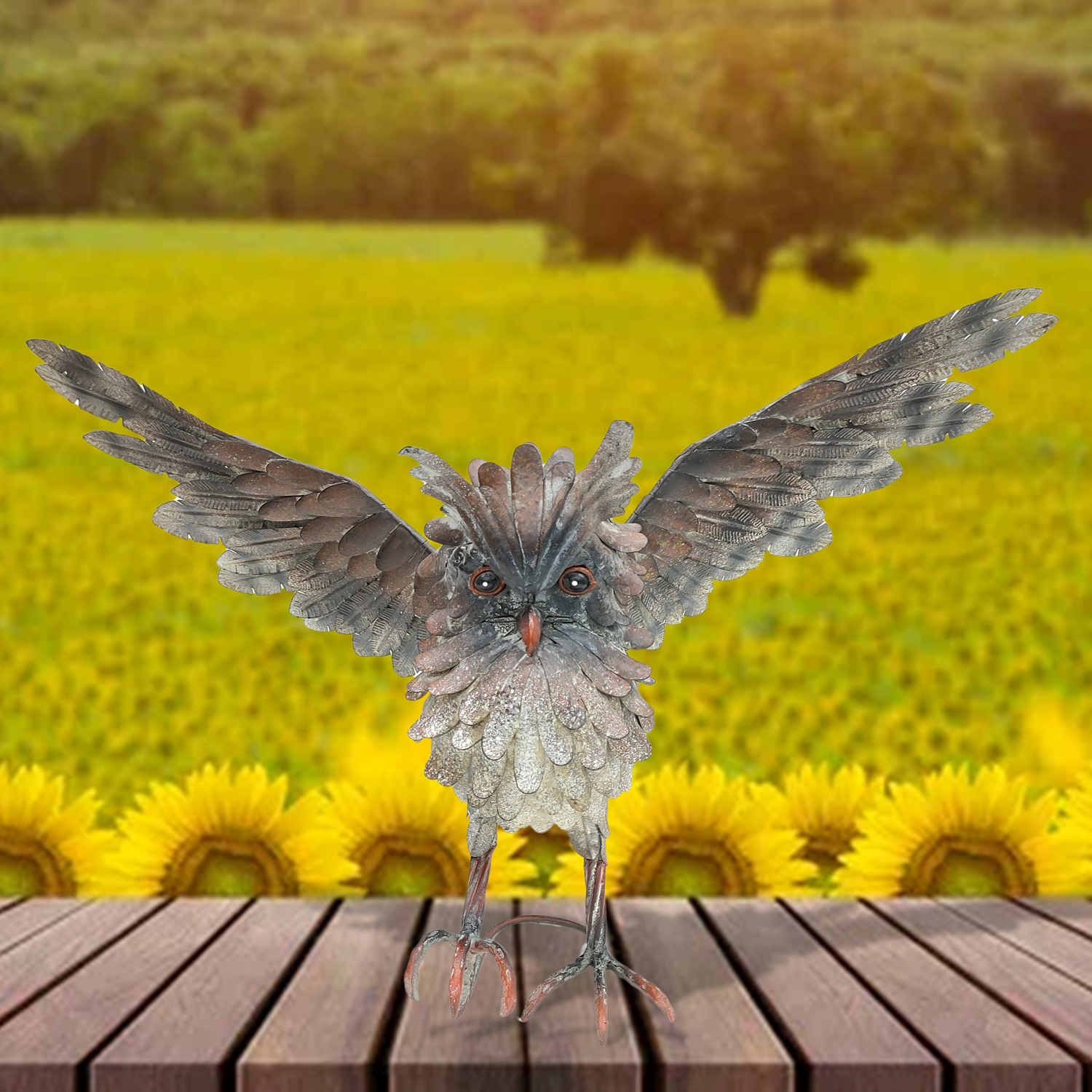 19" Tall Soaring Metal Great Horned Owl Accent "Ash" - Lesera