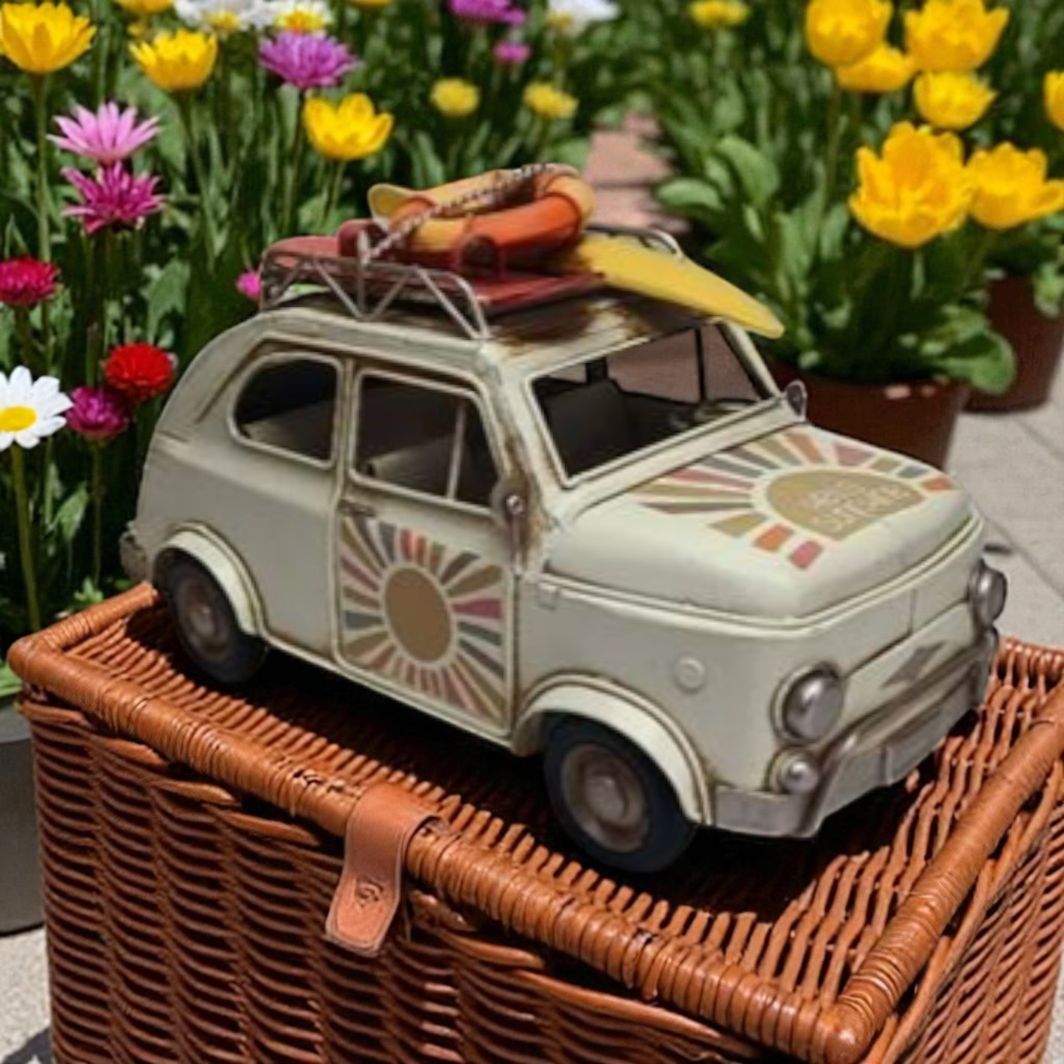 Retro Tabletop Beach Car with Surfboard on Roof - Lesera