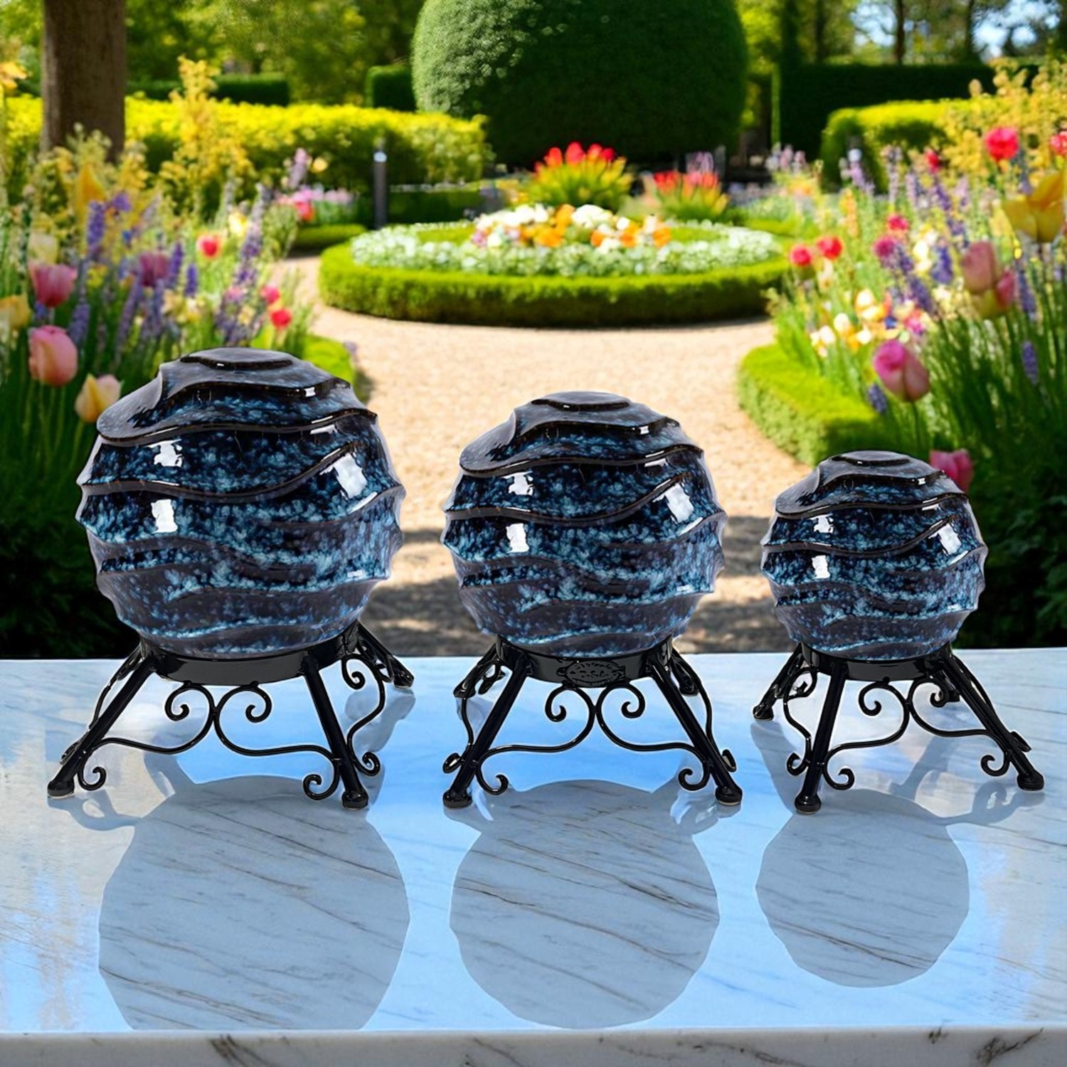 Set of 3 Assorted Ceramic Wavy Globe Gazing Balls with Stands "Munich ...