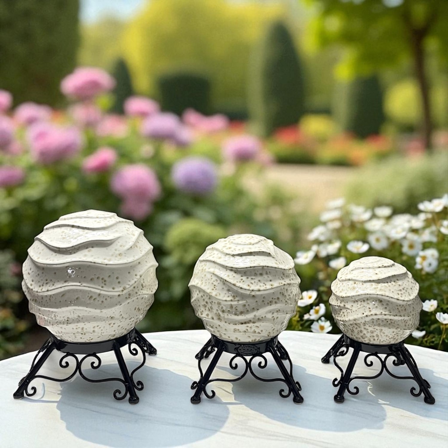Set of 3 Assorted Ceramic Wavy Globe Gazing Balls with Stands "Aspen ...