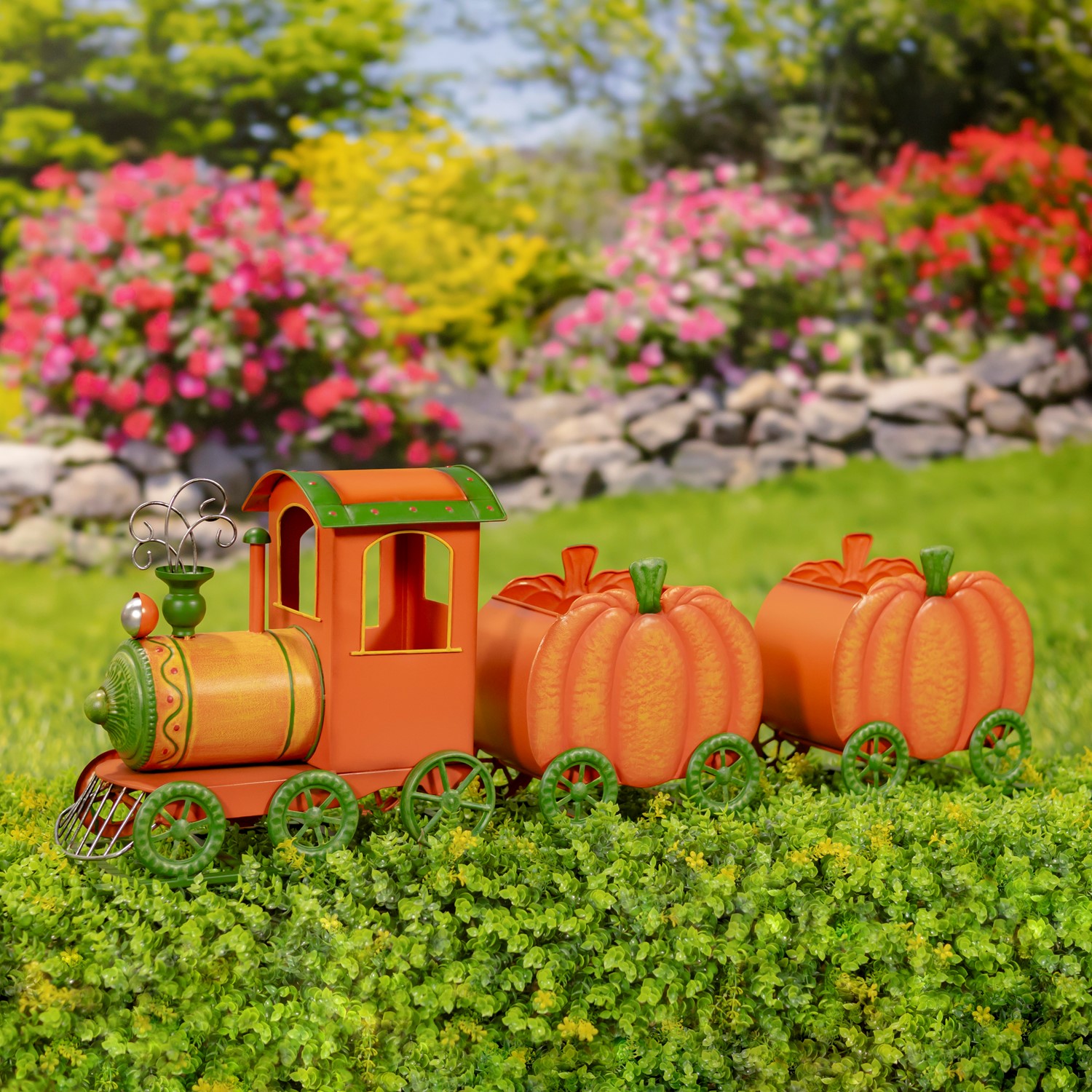 39.5" Long Iron Pumpkin Train with Two Carts Decoration "Pumpkin ...