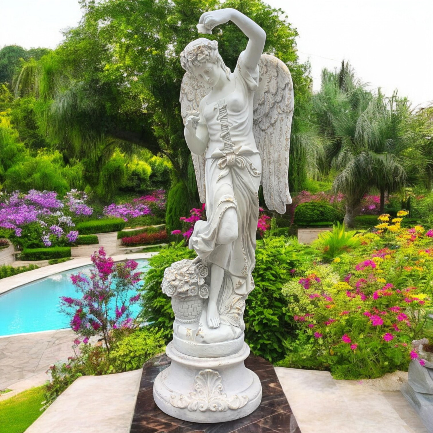63" Tall Magnesium Angel Statue in Antique Grey "Emma" - Lesera
