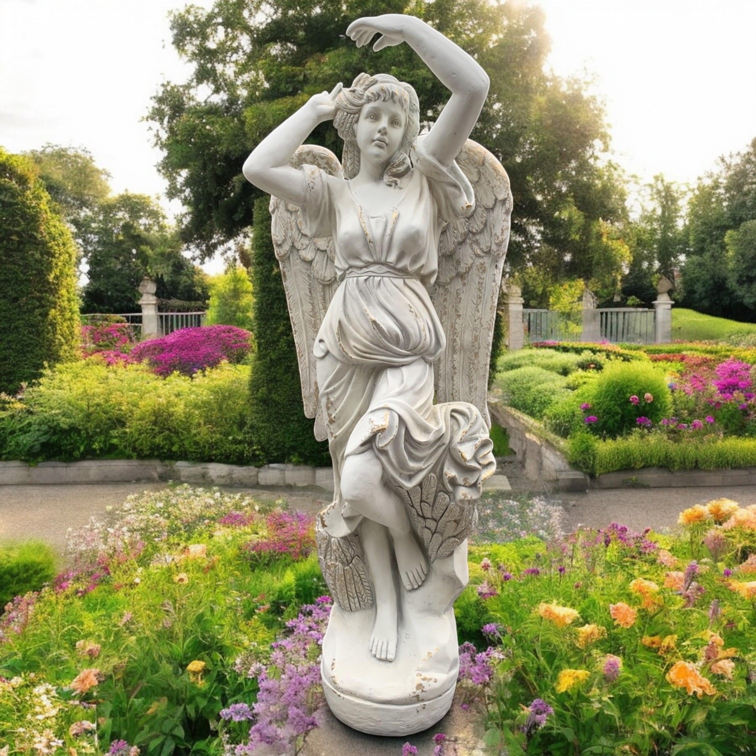 63" Tall Magnesium Angel Statue in Antique Grey "Farrah" - Lesera