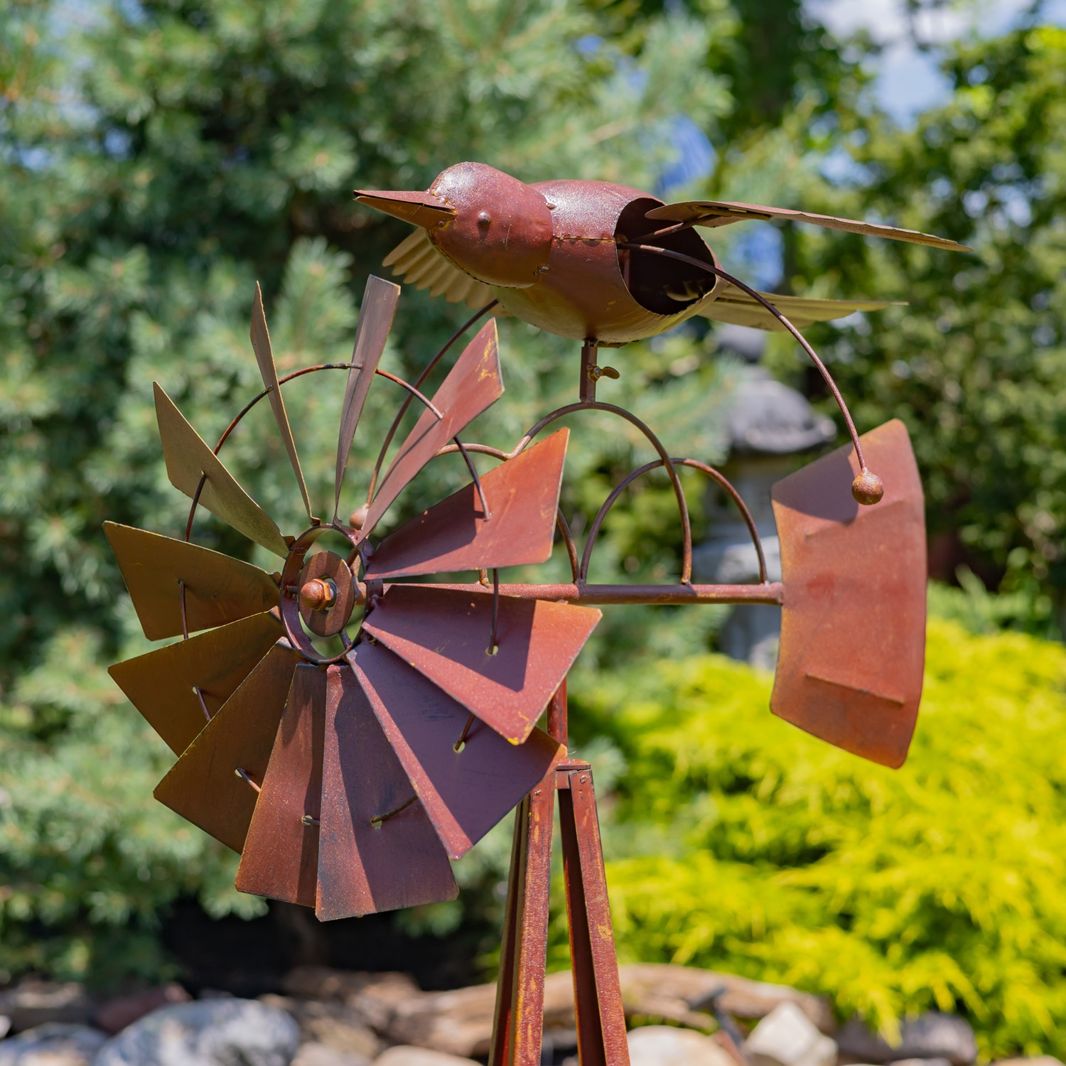 69" Tall Medium Iron Windmill Stand with Bird "Orville" - Lesera