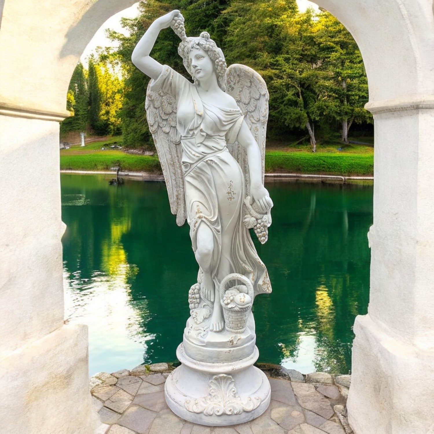 63" Tall Magnesium Angel Statue in Antique Grey "Celeste" - Lesera