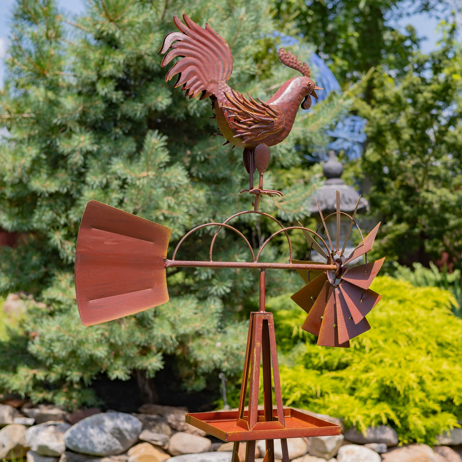 69" Tall Medium Iron Windmill Stand with Rooster "Jackson" - Lesera
