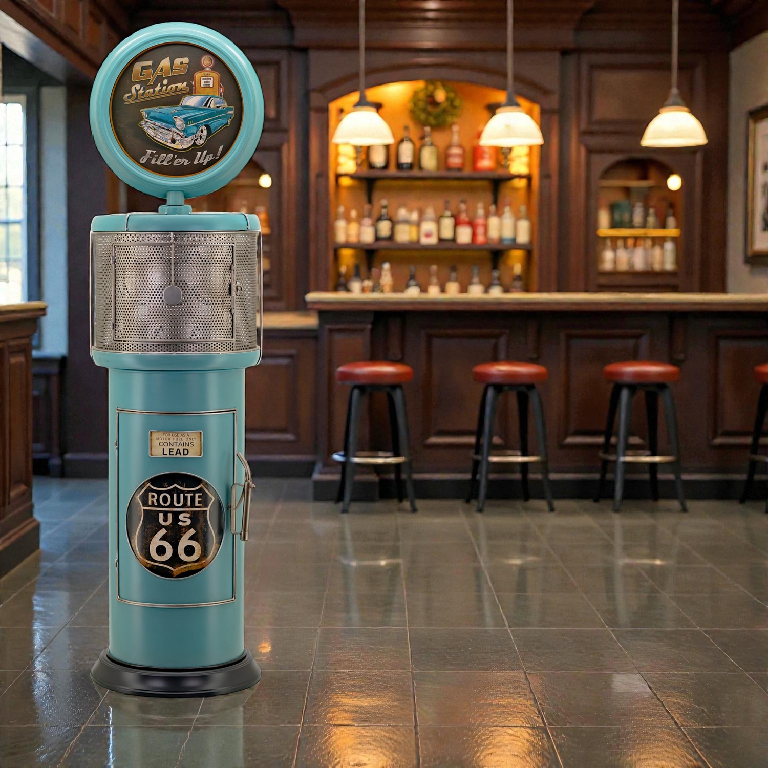 69.5" Tall Old Style Gas-Pump-Shaped Wine Rack in Blue-Green "Route 66 ...